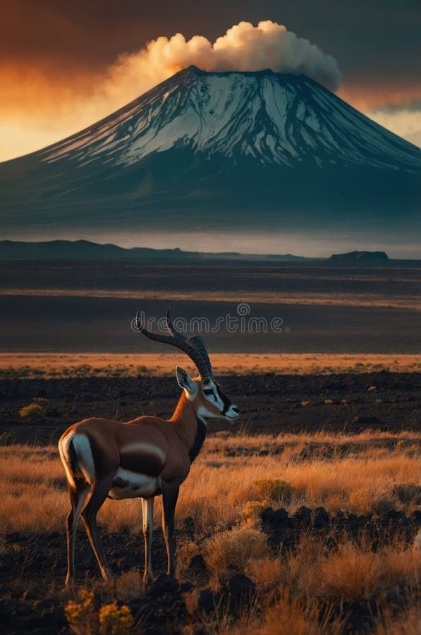 Majestic Sable Antelope at Sunset with Volcano Background Stock ...