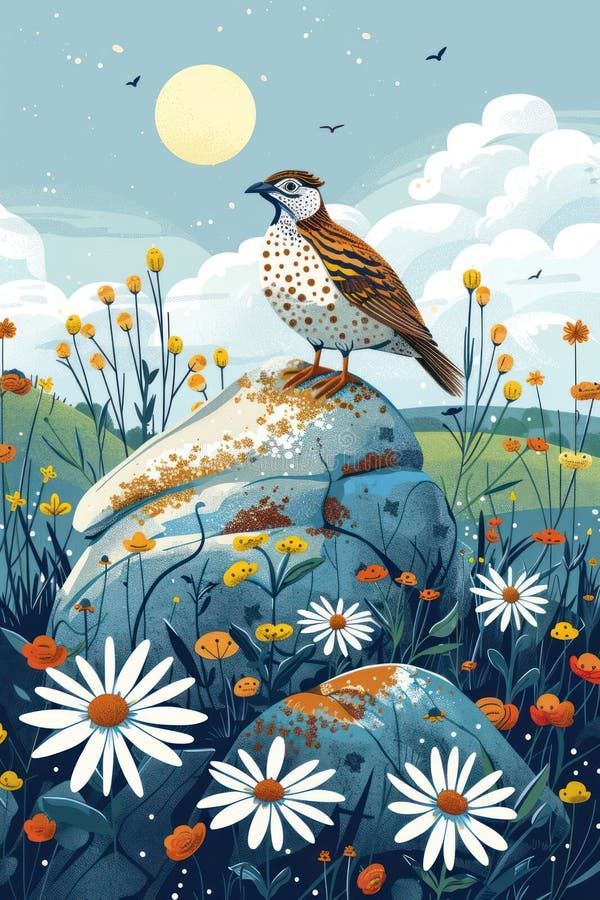 Charming Bird on a Rock Amidst Wildflowers Stock Illustration ...