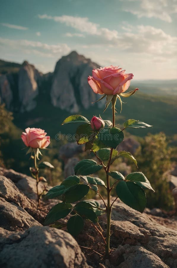 Pink Rose Blooming on Rocky Mountain Peak at Sunset Stock Illustration ...