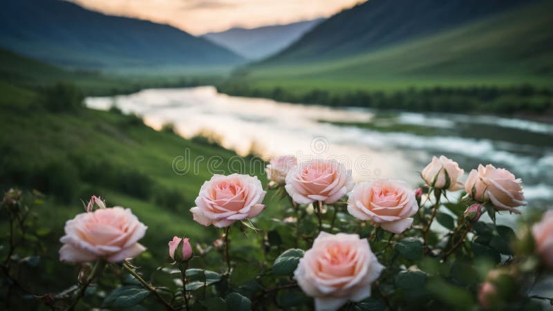Romantic Pink Roses Blooming by the River in Mountain Valley Stock ...