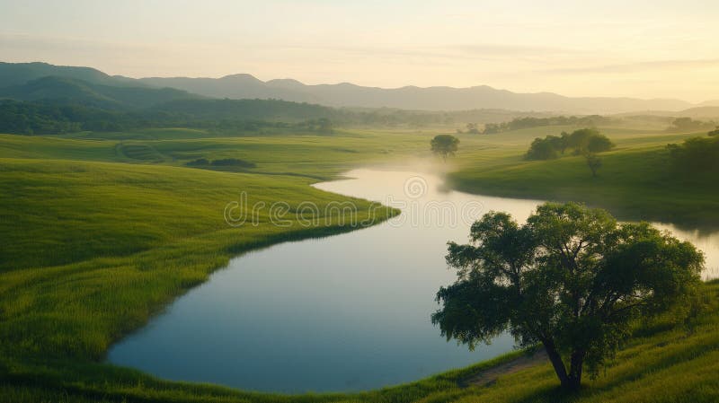 Serene Landscape Featuring Calm River Winding through Lush Green Fields ...