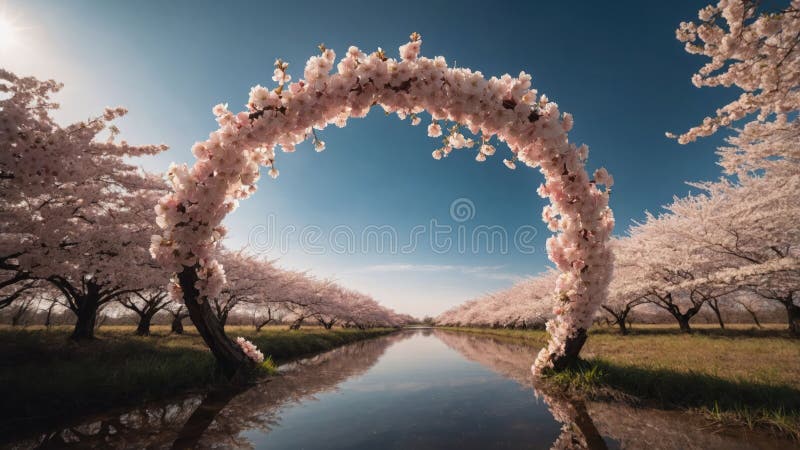Romantic Cherry Blossom Archway Over Canal Stock Illustration ...
