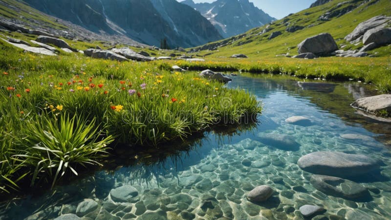 Serene Mountain Stream Flowing through Wildflowers Meadow Stock ...