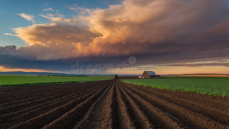 Dramatic Sunset Over Farmland with Plowed Fields and Barn Stock ...