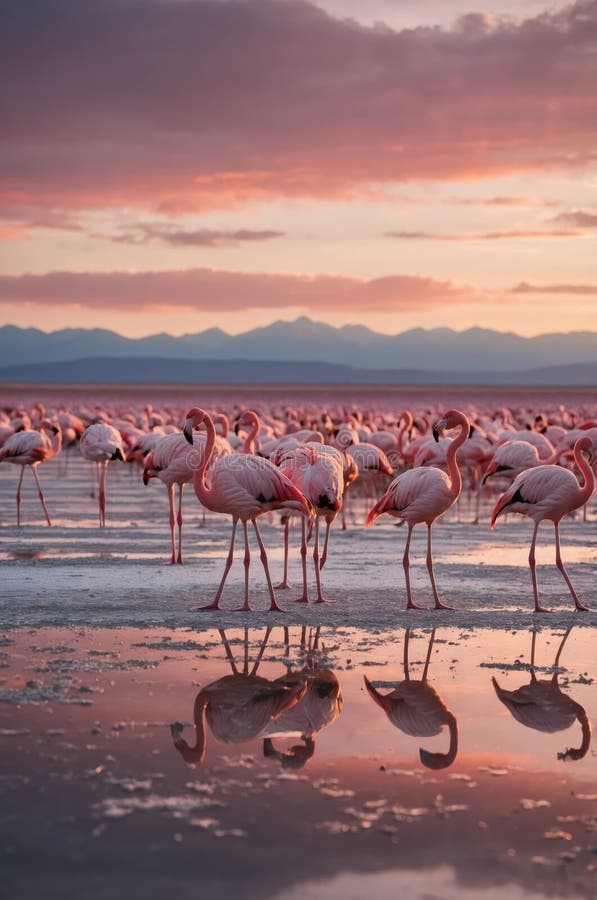 Majestic Flamingos at Sunset Reflecting in Pink Lake Stock Illustration ...