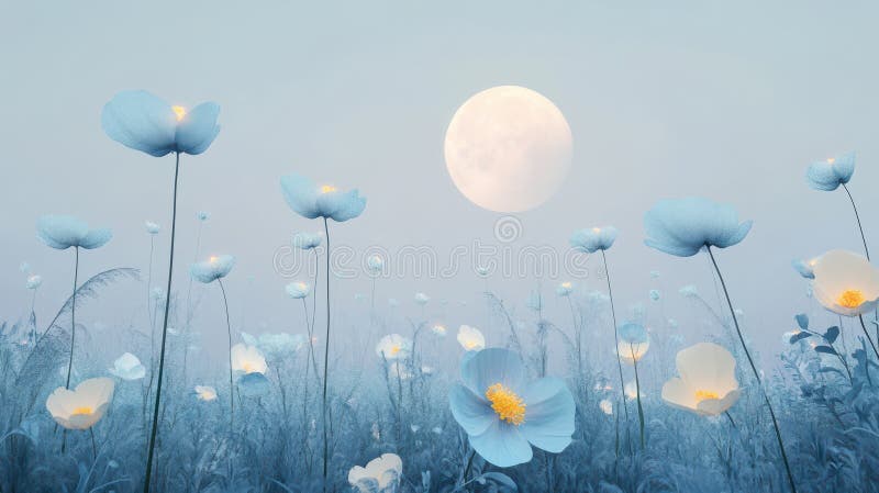 A Serene Landscape Featuring Glowing Flowers Under a Large Moon Stock ...