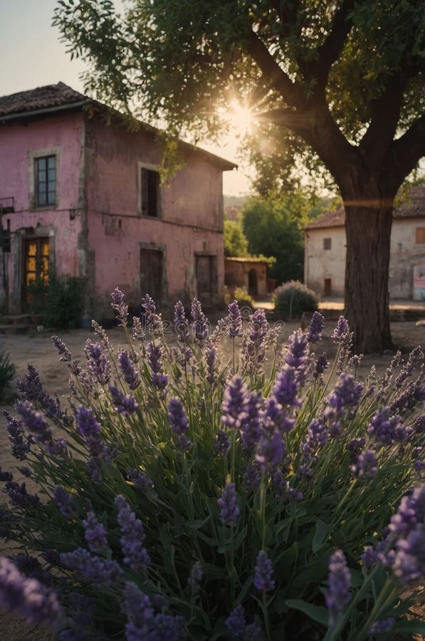 Lavender Bush in Front of Rustic Pink House at Sunset Stock ...