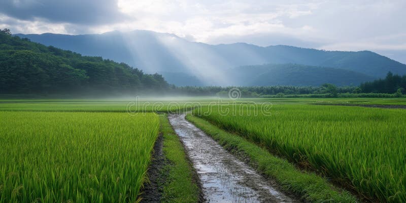 Serene Landscape Featuring Lush Rice Fields, Mountains, and Soft ...