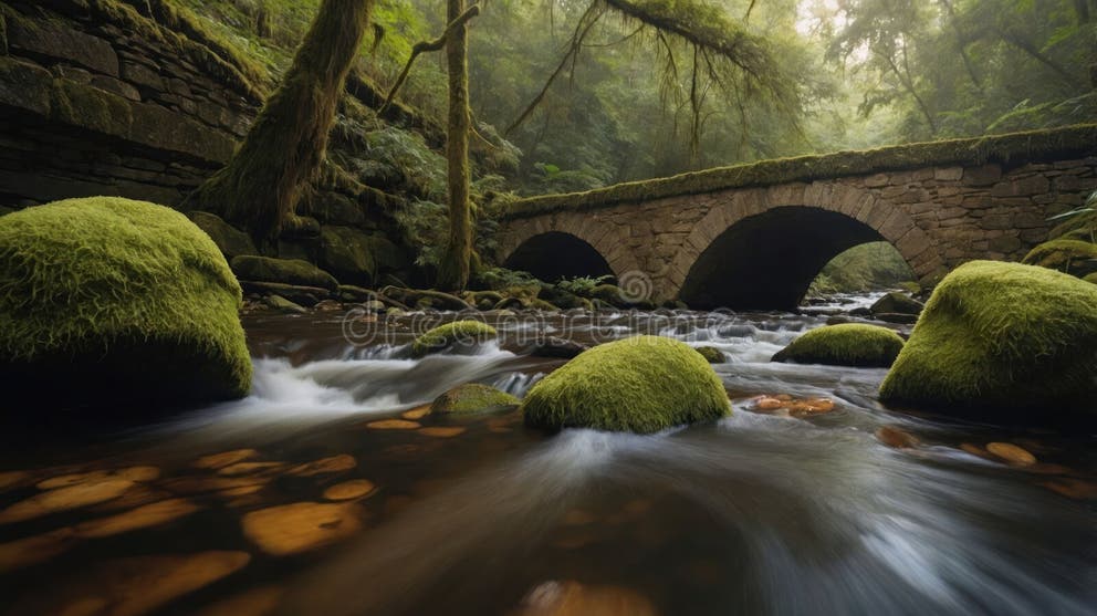 Serene Mossy Stone Bridge Over Flowing Creek in Lush Forest Stock ...
