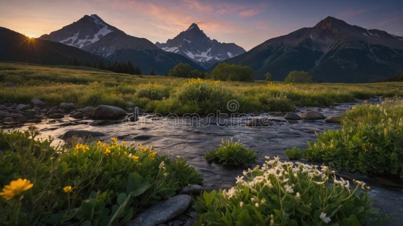 Serene Sunset Over Mountain Stream and Wildflowers Stock Illustration ...