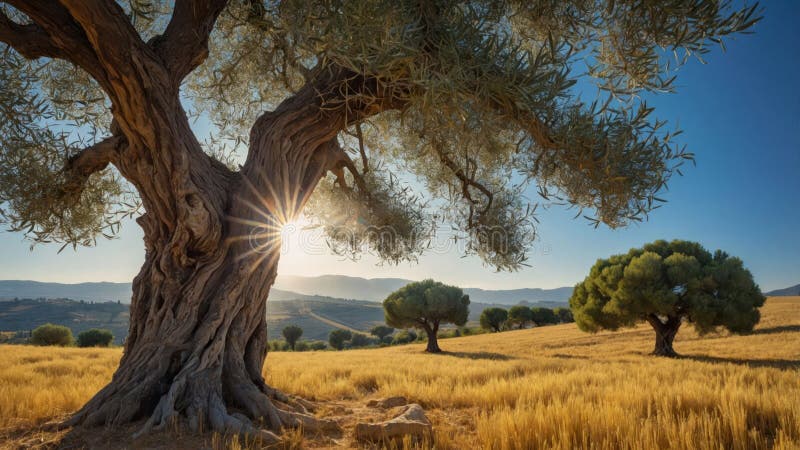 Majestic Ancient Olive Tree at Sunset in Golden Field Stock ...