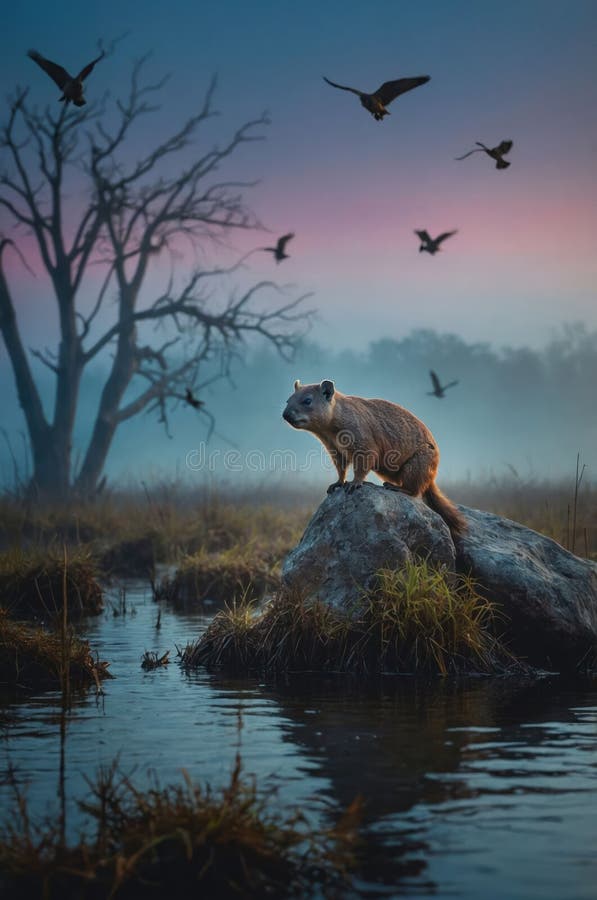 Solitary Rock Cavy at Dusk, Serene Swamp Landscape Stock Illustration ...