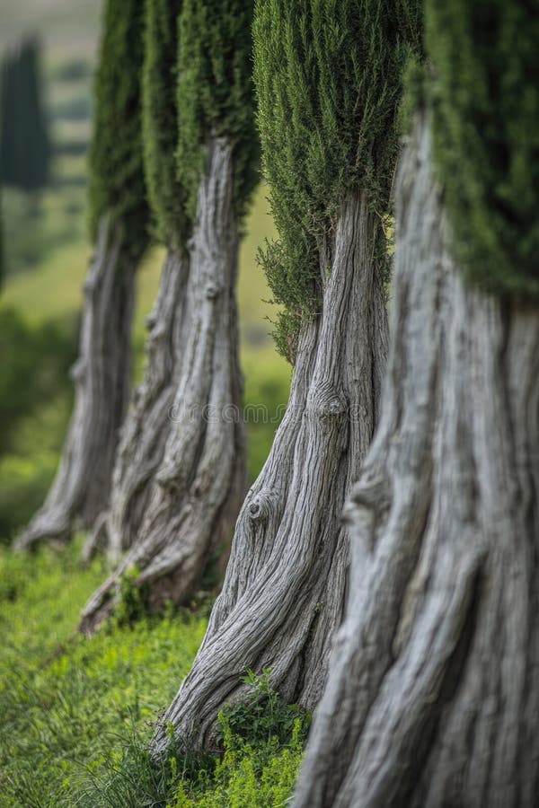 Serene Landscape Featuring Row Trees Surrounded Lush Green Grass Stock ...