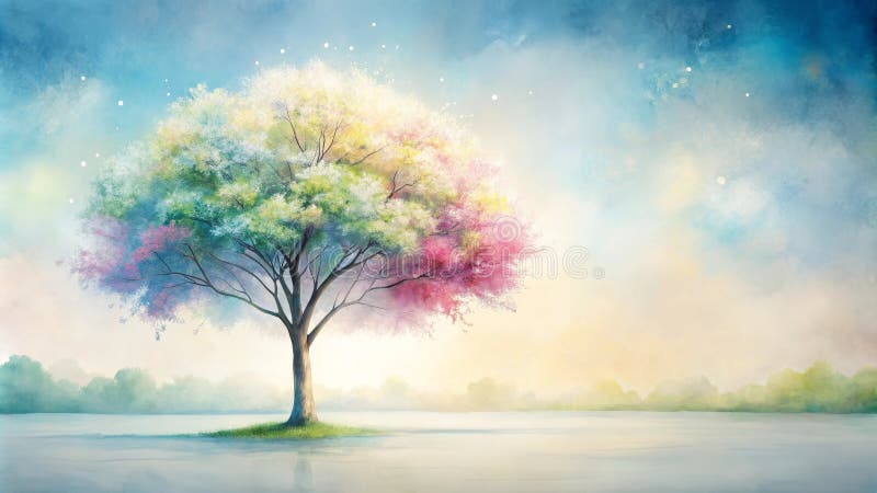 Serene Landscape Featuring a Single Tree Displaying the Vibrant Colors ...