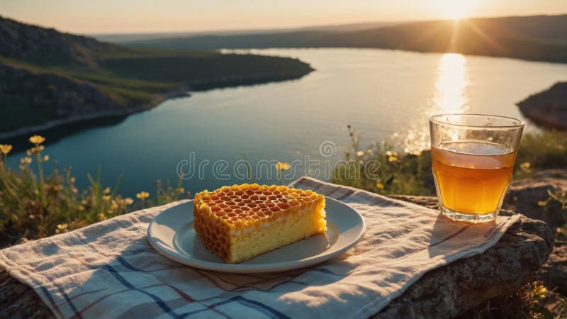 Honeycomb Cake and Tea at Sunset Overlook Stock Illustration ...
