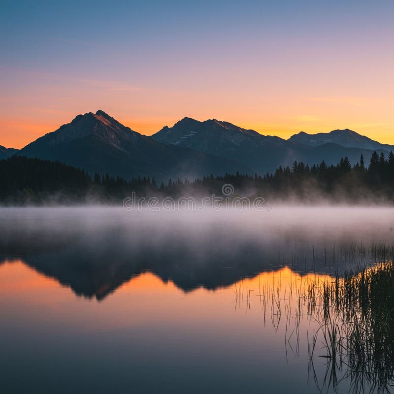 A Serene Landscape Featuring Snow-capped Mountains Reflected in a Calm ...