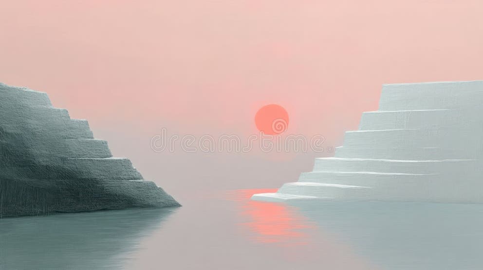 A Serene Landscape Featuring a Soft Sunset between Two Stylized Cliffs ...