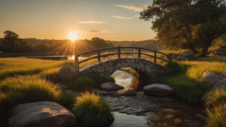 Serene Sunset Landscape: Stone Bridge Over Creek at Golden Hour Stock ...