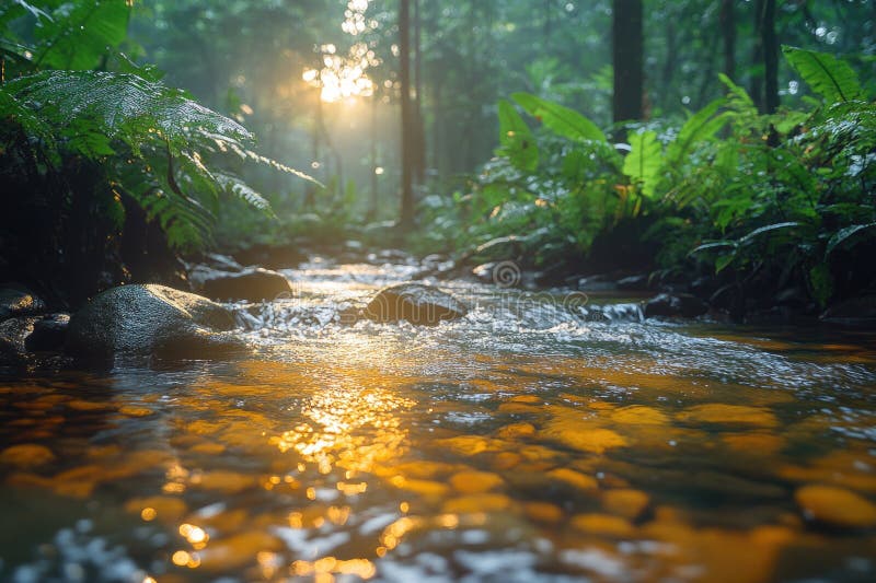 A Serene Landscape Featuring a Stream Running through a Dense and ...