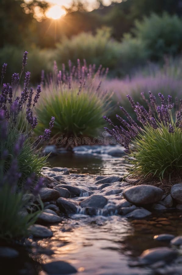 Serene Sunset Lavender Stream: Tranquil Purple Flowers by Gentle Creek at Golden Hour Stock ...