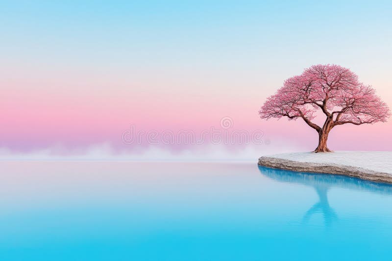 Serene Landscape Featuring Tranquil Lake and Pink Tree at Dawn Stock ...