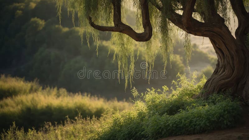 Serene Weeping Willow Tree at Golden Hour, Tranquil Nature Scene Stock ...