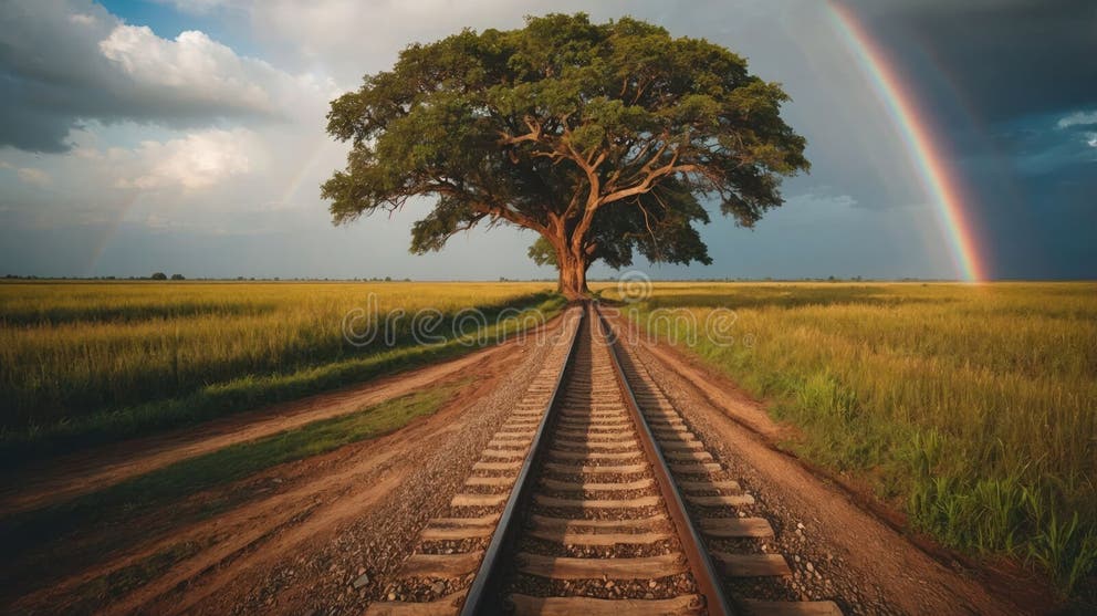 Majestic Tree by the Railway Tracks Under a Rainbow Stock Illustration ...