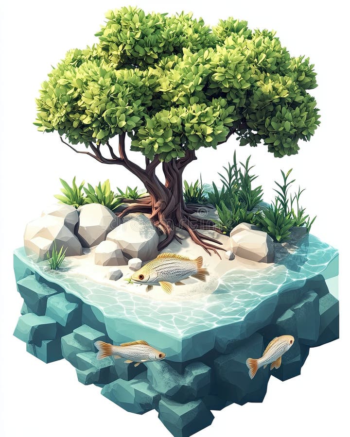A Serene Landscape Featuring a Tree and Swimming Fish in Clear Water ...