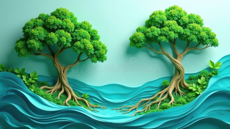 Serene Landscape Featuring Two Lush Trees Rooted in a Stylized Ocean of ...