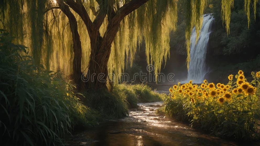 Serene Waterfall Scene with Weeping Willow and Sunflowers Stock ...