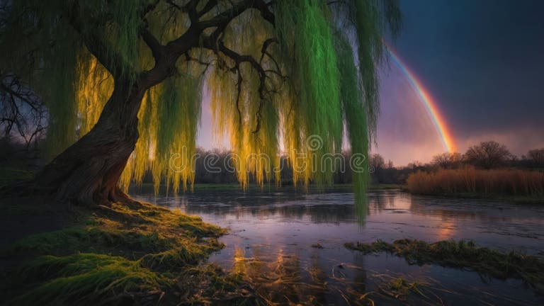 Majestic Weeping Willow Tree at Sunset with Vibrant Rainbow Over Calm ...