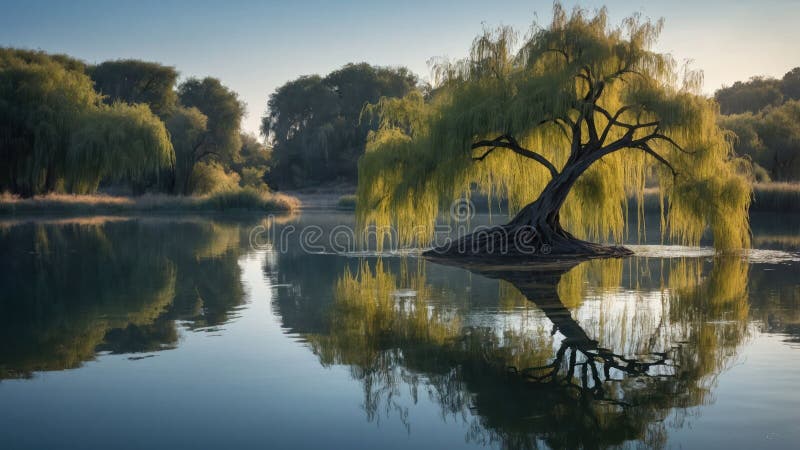 Serene Weeping Willow Tree Reflected in Calm Lake at Sunrise Stock ...