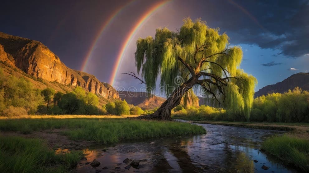 Majestic Weeping Willow Tree by River with Double Rainbow and Mountain ...