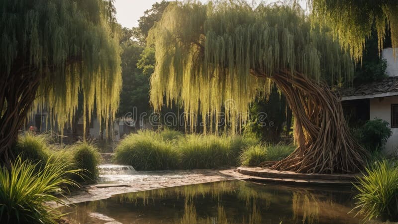 Serene Weeping Tree Over Water Feature in a Tranquil Garden Stock ...