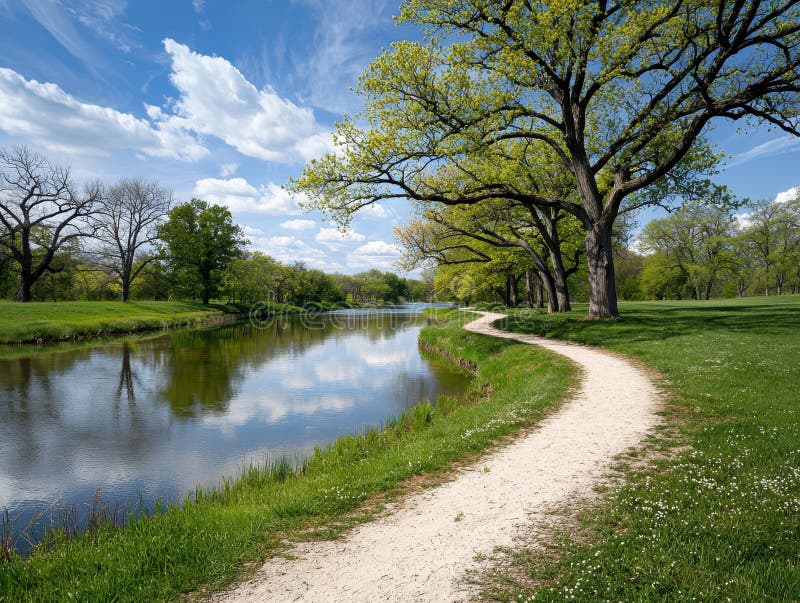Serene Landscape Featuring Winding Path Along Calm River, Surrounded by ...