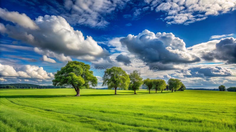 Serene Landscape Five Trees, Green Field, Dramatic Clouds Stock ...