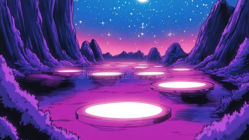 A Serene Landscape with Glowing Circular Platforms Under a Starry Sky ...