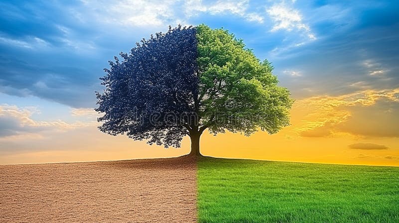 Serene Landscape Half Dead Half Alive Tree in a Field at Sunset Stock Illustration ...