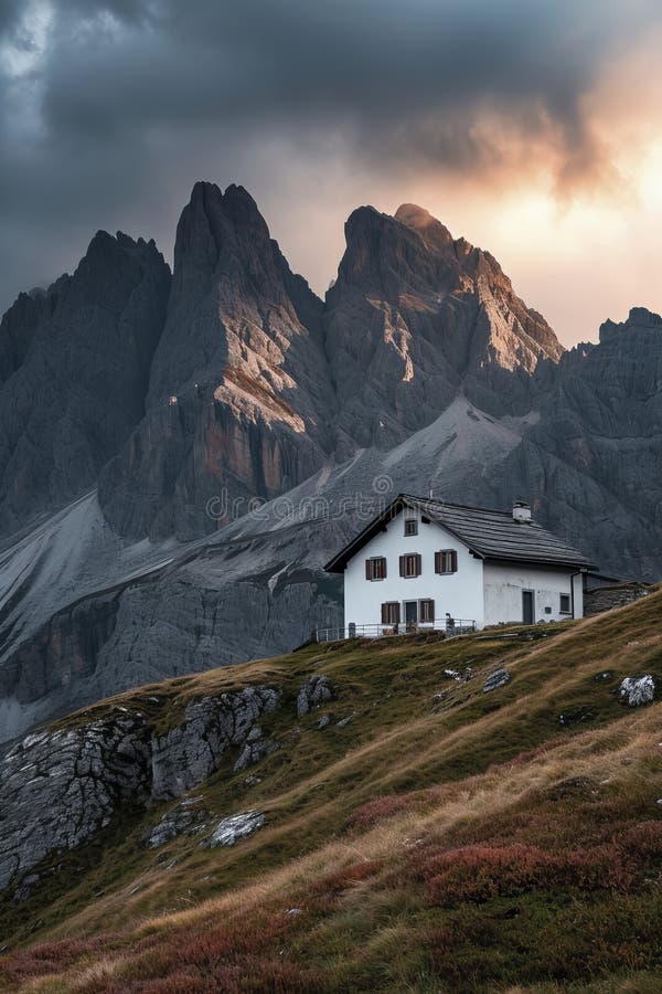 A Serene Landscape with Jagged Mountains, Snow, Rustic Buildings ...