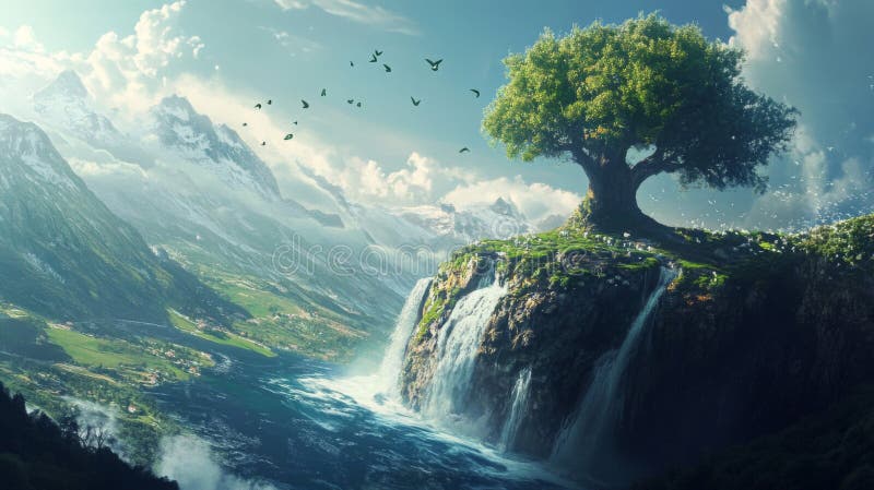 Serene Landscape with a Lone Tree on a Cliff Overlooking a Waterfall ...