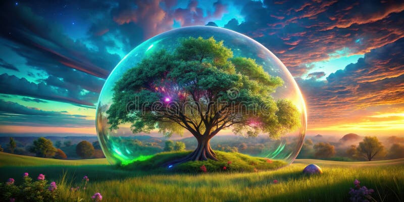 Serene Landscape with a Majestic Tree Protected within a Translucent ...