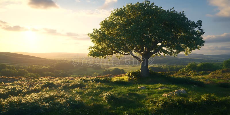 Serene Landscape Majestic Tree at Sunset Stock Illustration ...