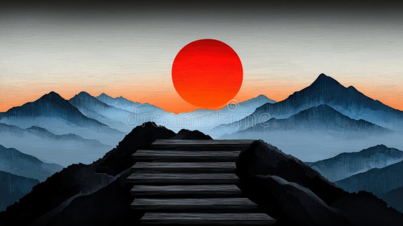 Serene Landscape with Mountains and a Bright Red Sun in the Sky Stock ...