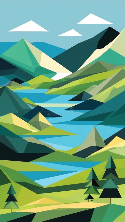 Serene Landscape of Mountains and Valleys in Low Poly Triangles and ...