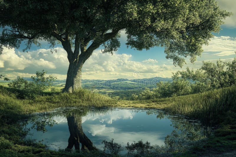 Serene Landscape Reflection with Majestic Tree Stock Illustration ...