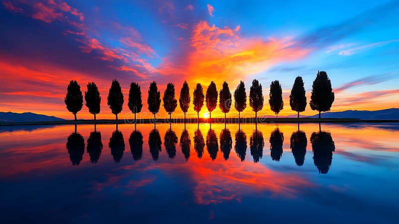 Serene Landscape with Reflective Trees at Sunset Stock Illustration ...