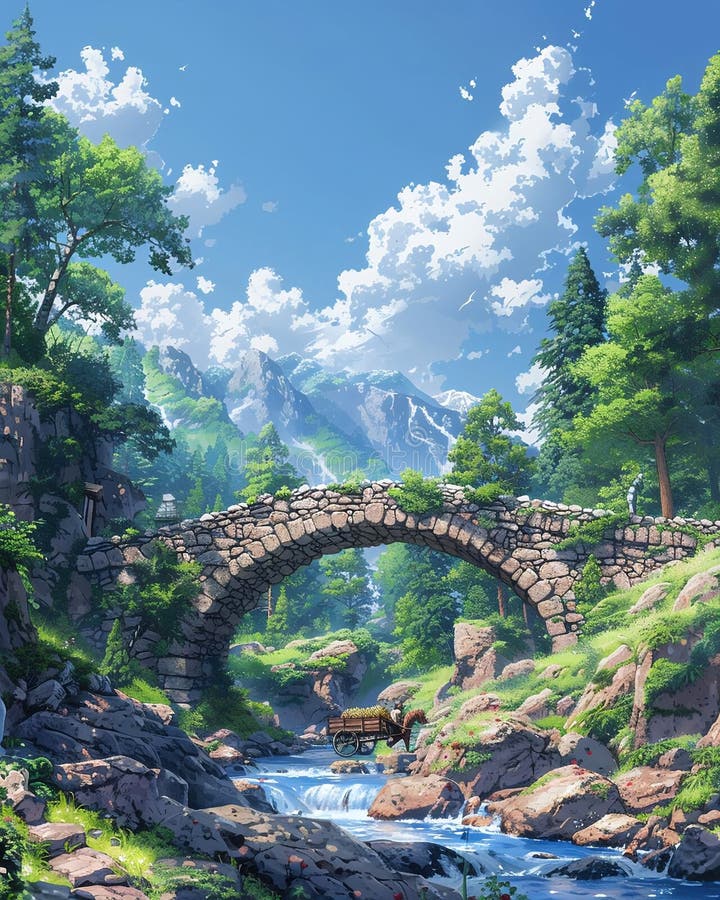 A Serene Landscape Scene Featuring a Rustic Stone Bridge Over a ...