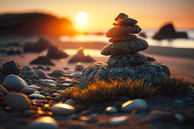 Serene Landscape with Stack of Stones on Remote Beach at Sunset Stock ...