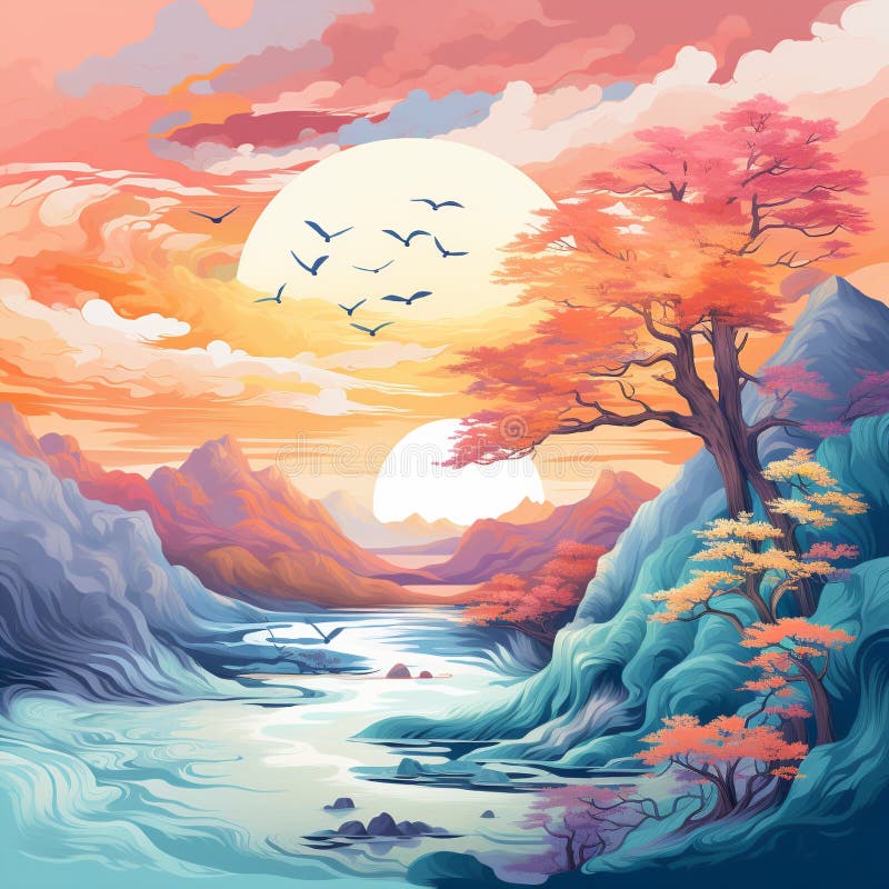 Serene Landscape with Stunning Gradient Cascade Stock Photo - Image of ...