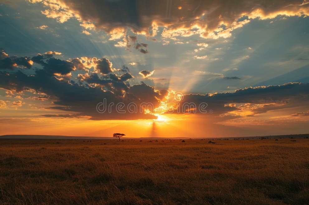 A Serene Landscape with the Sun Setting Behind a Field of Tall Grass ...